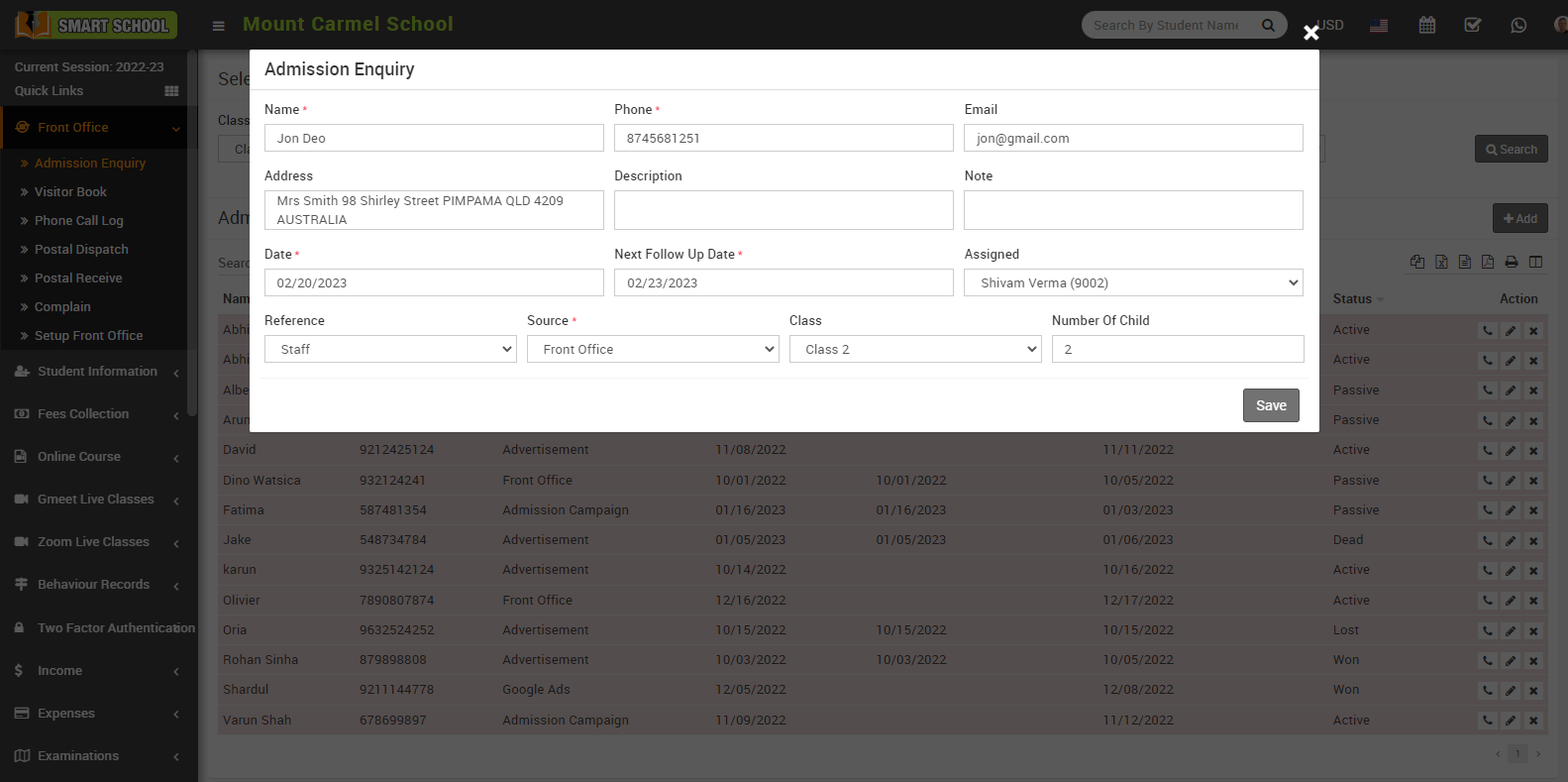 How to add student Admission Enquiry? - Smart School : School ...
