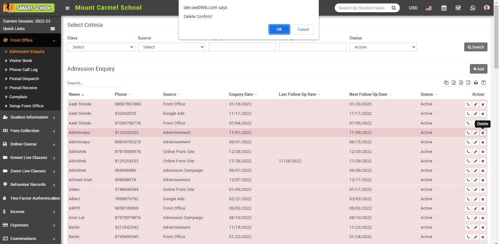 How to add student Admission Enquiry? - Smart School : School ...