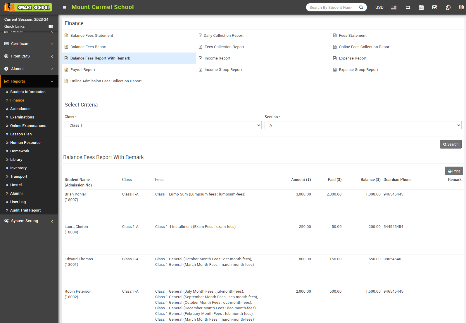 How to check Balance Fees Report with Remark report? - Smart School ...