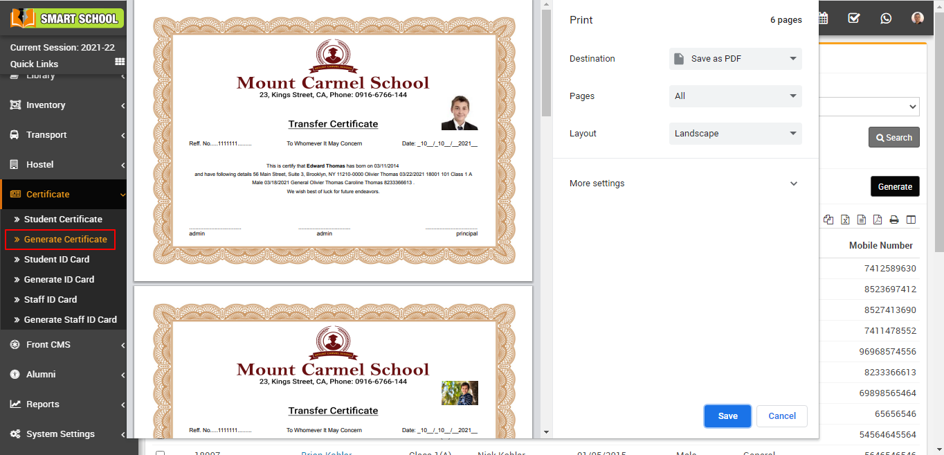 How To Generate Certificate Smart School School Management System 
