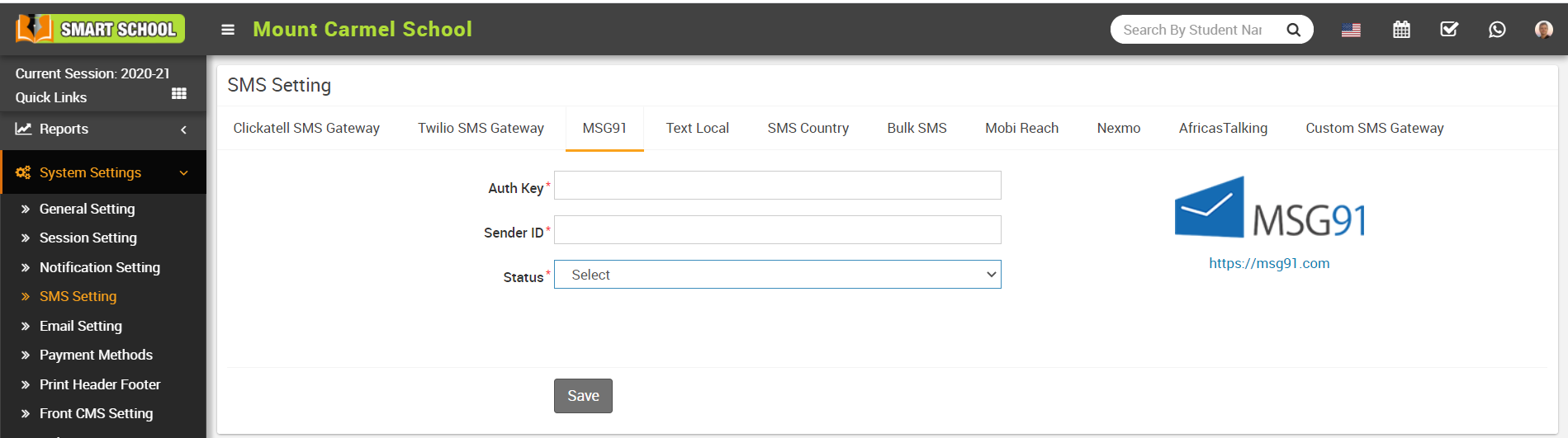 How to manage SMS Setting? - Smart School : School Management System by ...