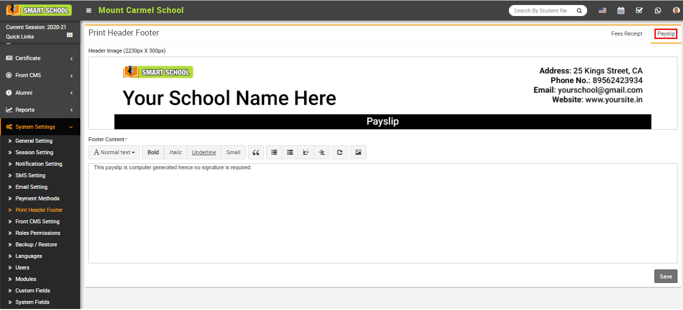 How to add Print Header Footer? - Smart School : School Management ...